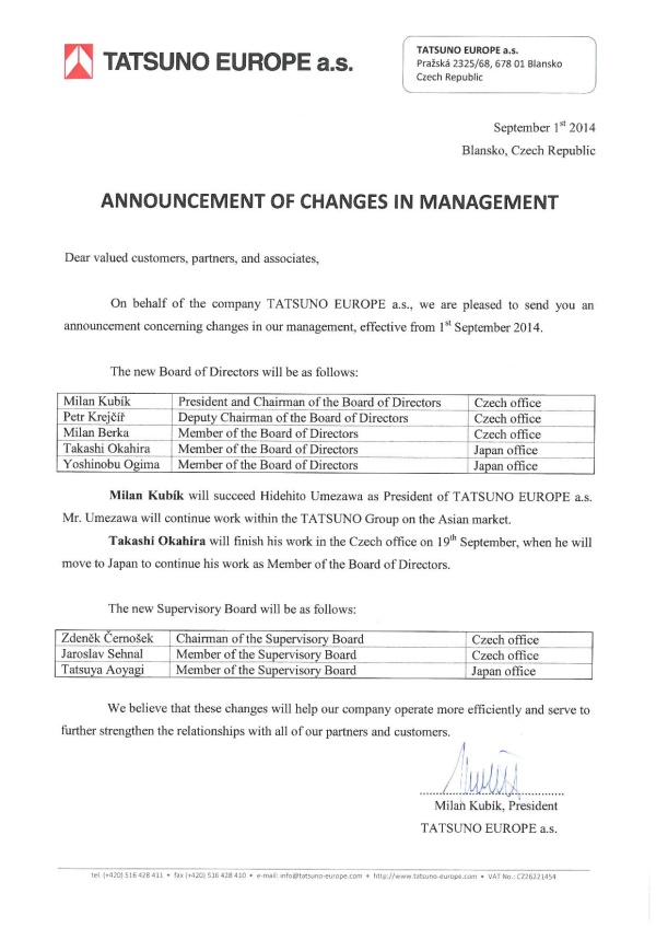 Announcement of changes in management of TATSUNO EUROPE a.s.